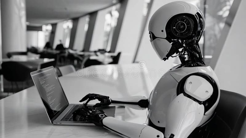Robot Typing on a Laptop in Modern Office. Black and White Photo ...