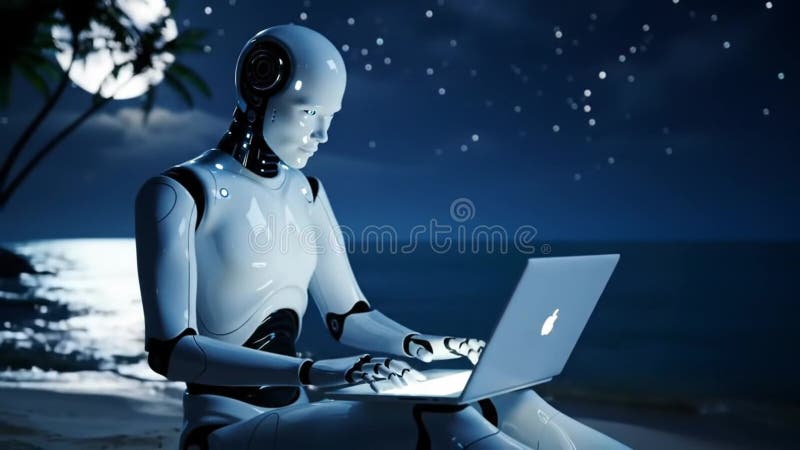 Robot Typing on Laptop at Night Near the Ocean in the Sand Stock Footage - Video of coding ...