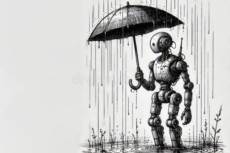 Robot with an Umbrella in the Rain. Space for Text. Stock Photo - Image ...