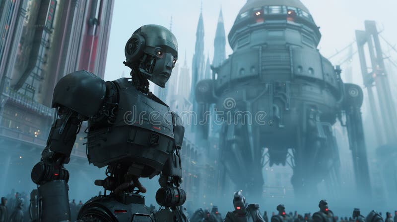 Robot Uprising in a Futuristic Metropolis Stock Illustration ...
