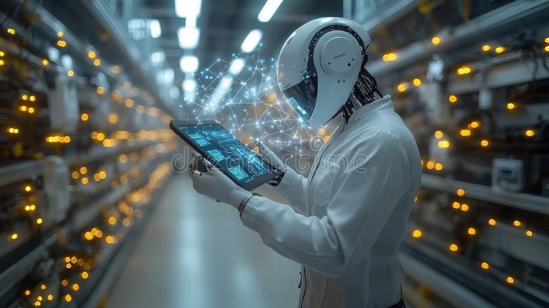 Robot Uses Tablet in Factory Stock Illustration - Illustration of ...