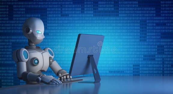Robot Using a Computer with Binary Code, Artificial Intelligence Stock Illustration ...