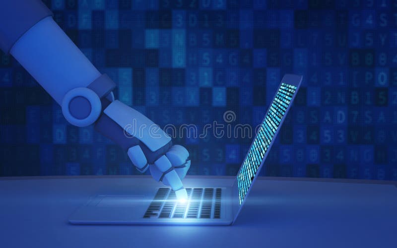 Robot Using a Computer with Data Code, Artificial Intelligence Stock Illustration - Illustration ...
