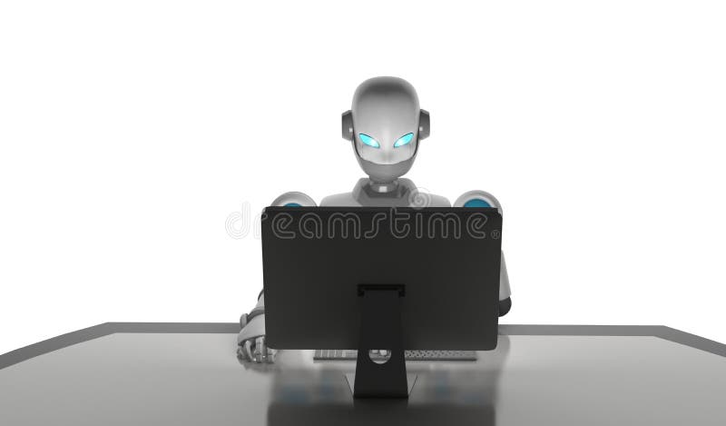 Robot Using a Computer with Blank Screen, Mock Up. Artificial Stock ...