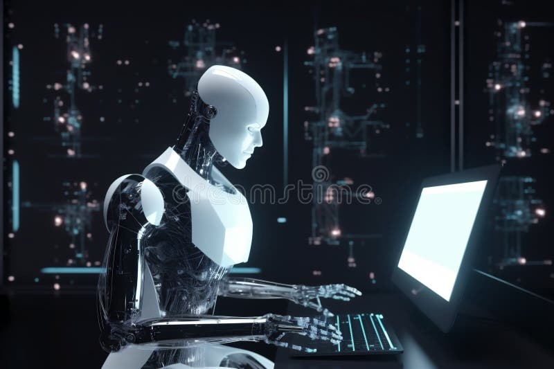 Robot Using a Computer Representing an Artificial Intelligence Stock Illustration - Illustration ...