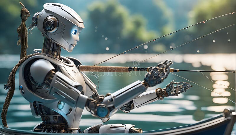 The Robot is Using a Fishing Rod from the Boat Stock Illustration ...