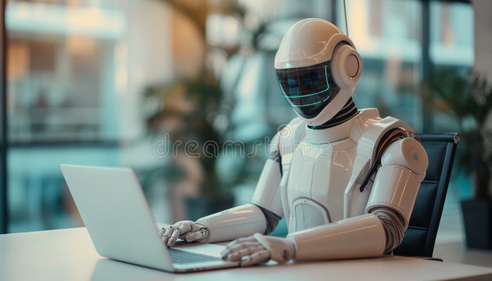 Robot Using a Laptop in a Bright Modern Office Setting Stock Photo ...