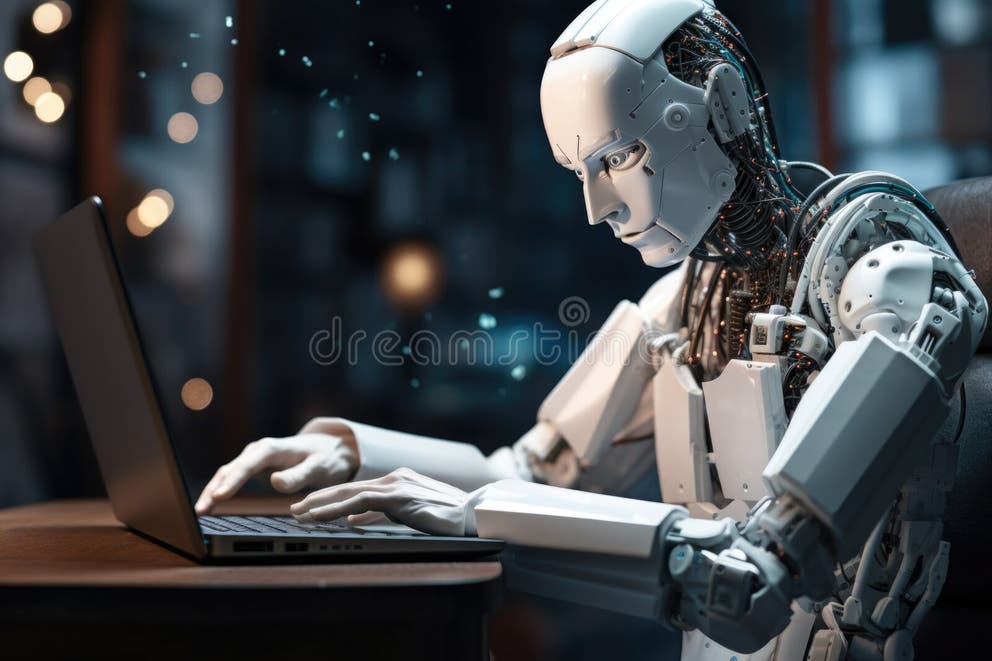 A Robot Using a Laptop Computer. Suitable for Technology Concepts Stock ...