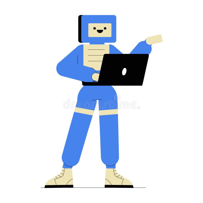 Robot Using Laptop in Flat Vector Illustration Symbolizing AI in Technology and Digital Work ...