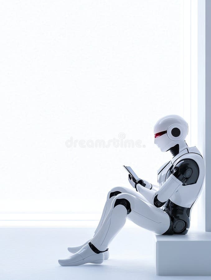 Robot Using Mobile Device a Futuristic Robot Sits on a White Cube Using ...