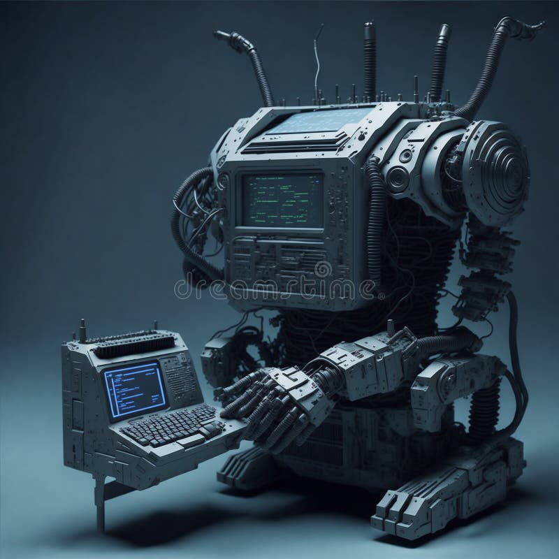 A Robot Using an Old Computer Stock Illustration - Illustration of ...