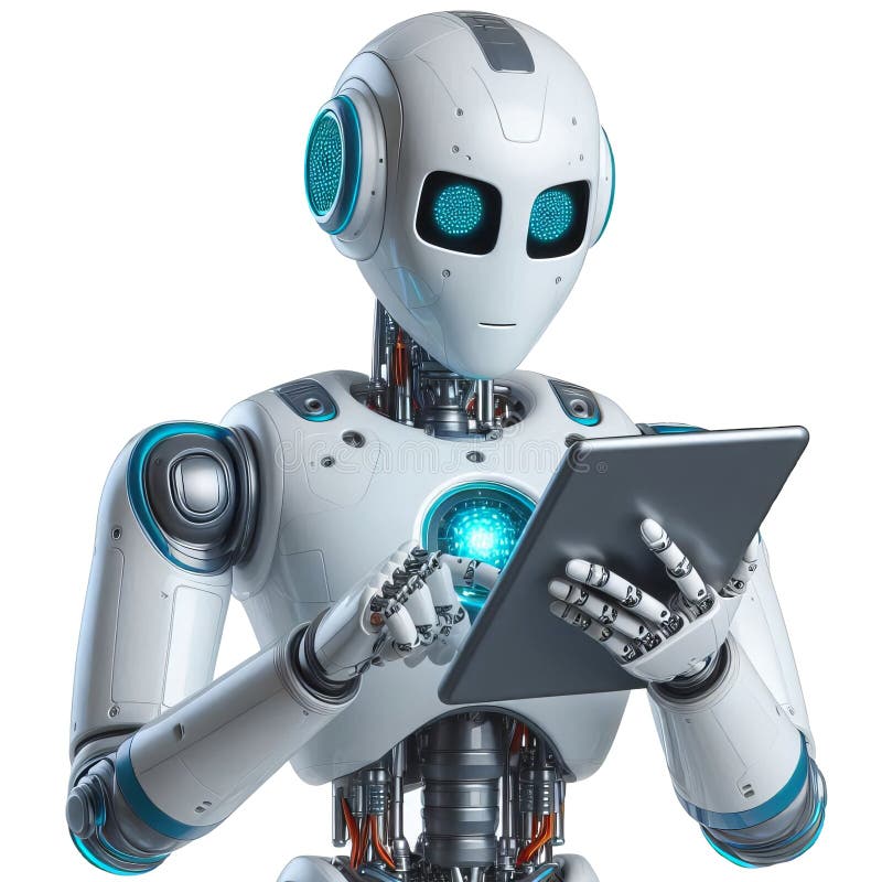 Robot Using Tablet Isolate on White Background Stock Image - Image of ...