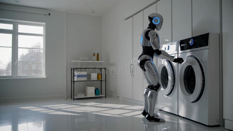 Robot Automation Laundry Room Template. Silver Washing Machine, Men`s ...