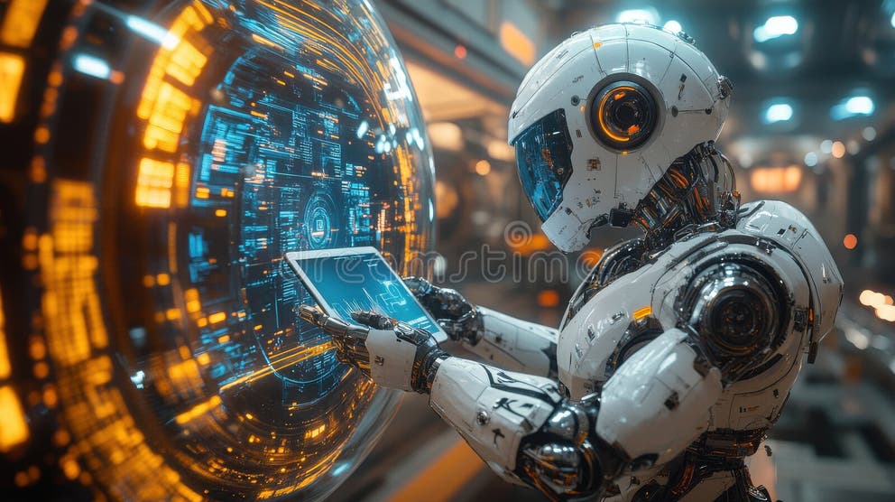 Futuristic Robot Controls Technology Using an IPad in a High-tech Glass ...