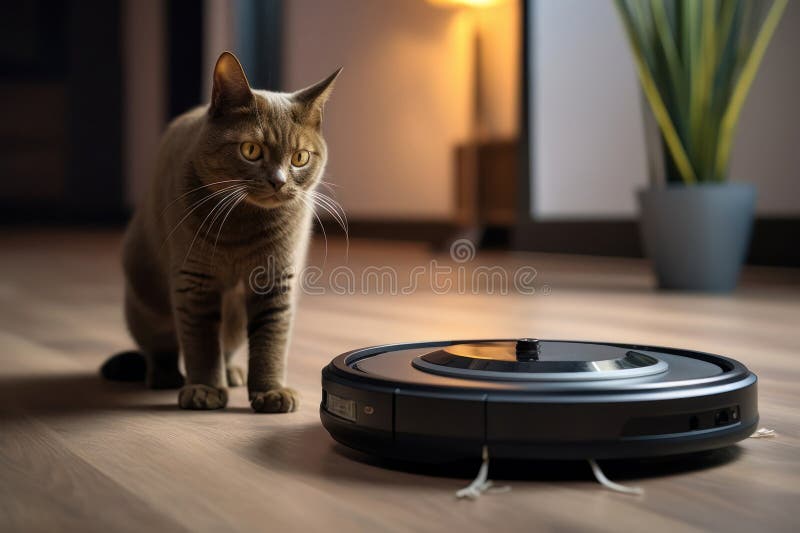 Robot Vacuum Cleaner and Cat in Modern Smart Home Stock Image - Image ...
