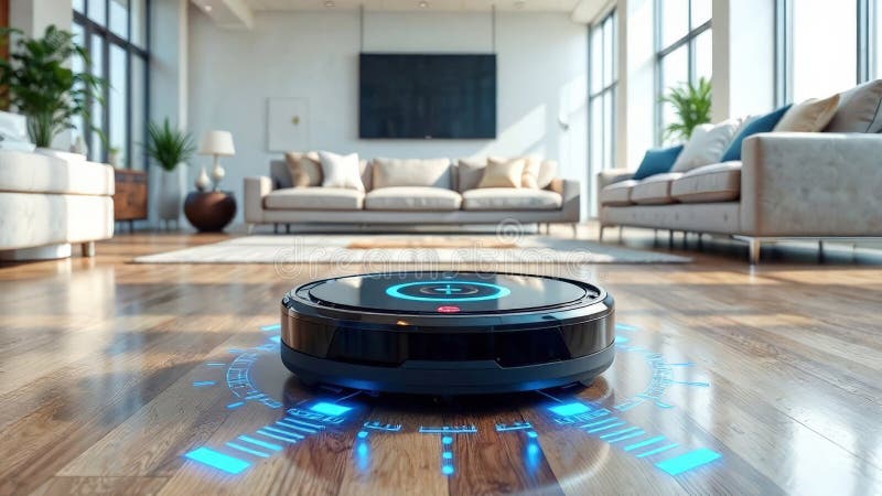 A Robot Vacuum Cleaner Cleans a Large Modern Living Room Stock ...