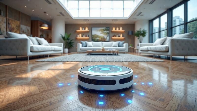 A Robot Vacuum Cleaner Cleans a Large Modern Living Room Stock ...
