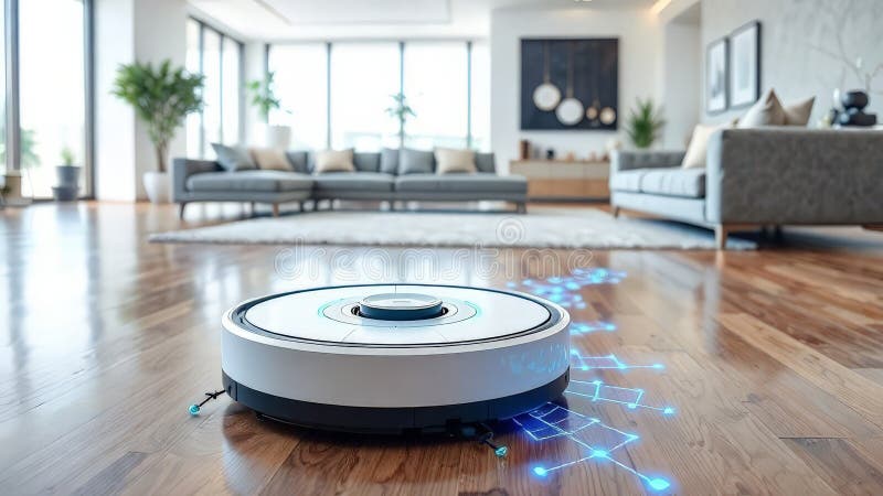 A Robot Vacuum Cleaner Cleans a Large Modern Living Room Stock ...