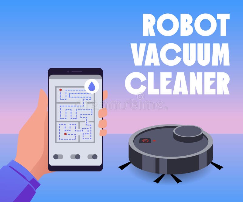 Robot Vacuum Cleaner Controlled by Mobile App Banner, Flat Vector ...