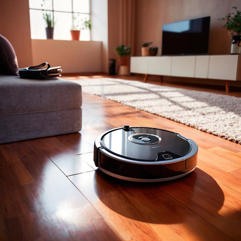 Robot Vacuum Cleaner in a Hi-tech Style Room Stock Illustration ...