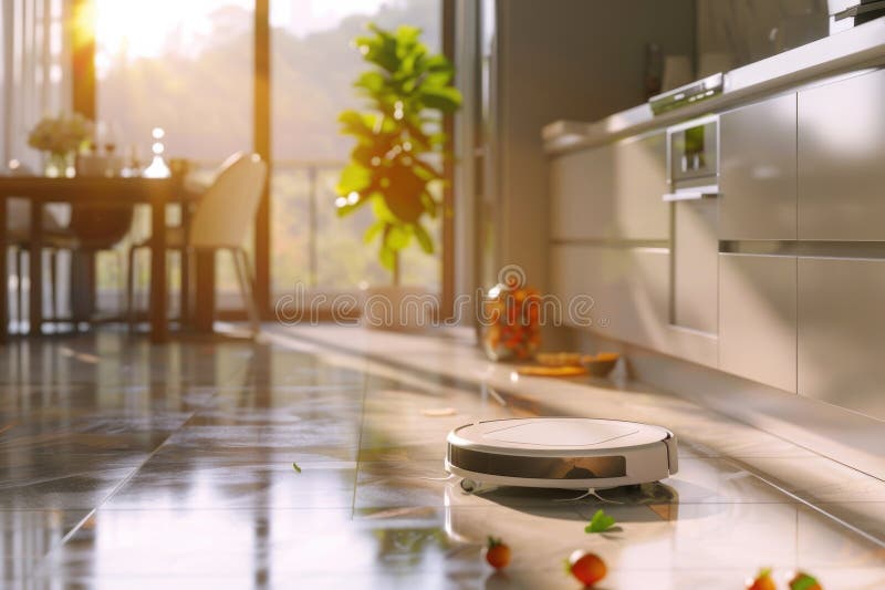 Robot Vacuum Cleaning Kitchen Floor in Modern Home with Sunlight ...