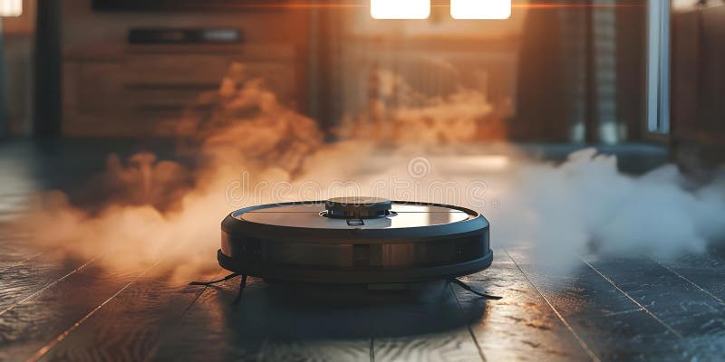 A Robot Vacuum with Steam Cleaning Capability in Action Efficiently Cleaning a Dusty Floor ...