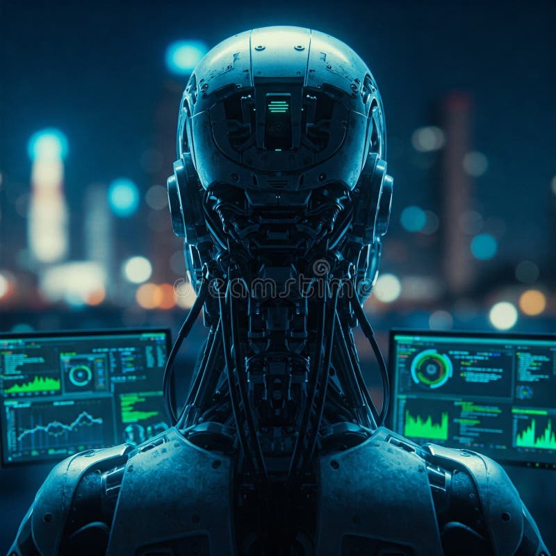 A Robot Views Data on Futuristic Computer Monitors. Stock Photo - Image ...