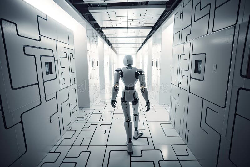Robot, in Virtual Reality Simulation, Navigating Maze of Corridors and ... Robot, in Virtual Reality Simulation, Navigating Maze of Corridors and ...