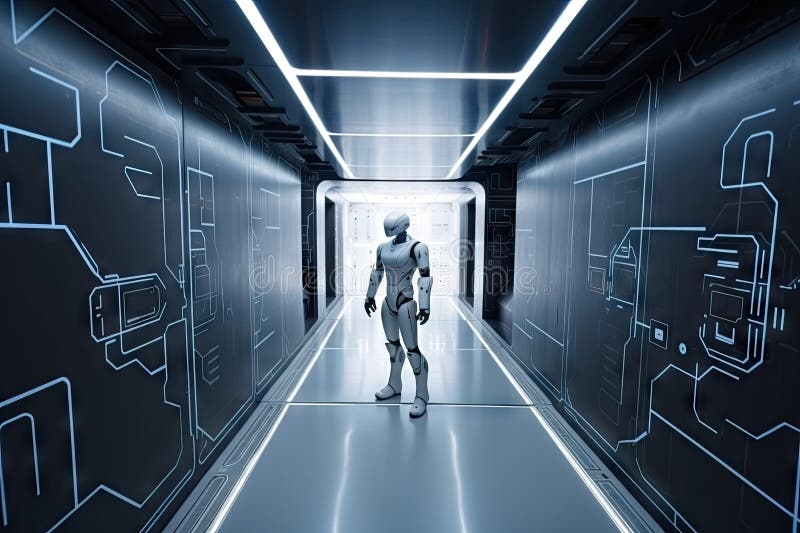 Robot, in Virtual Reality Simulation, Navigating Maze of Corridors and ...