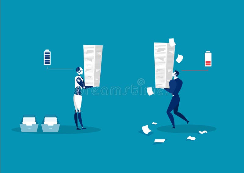 Robot Vs Man. Human Humanoid Robot Work with Many Paper Menagment ...