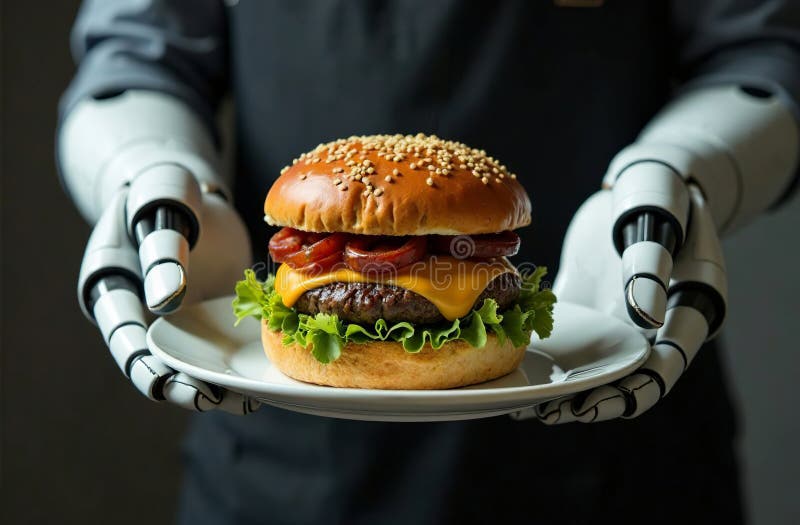 Robot Waiter Artificial Intelligence Hold Plate of Burger in Hand. AI ...