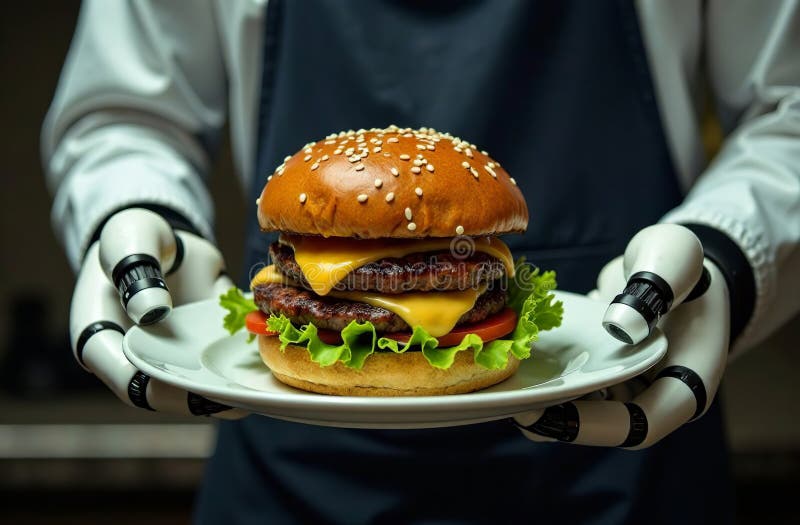 Robot Waiter Artificial Intelligence Hold Plate of Burger in Hand. AI ...