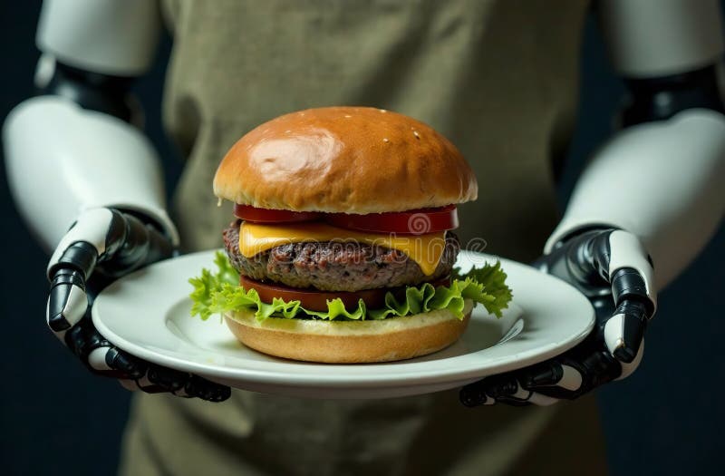 Robot Waiter Artificial Intelligence Hold Plate of Burger in Hand. AI ...