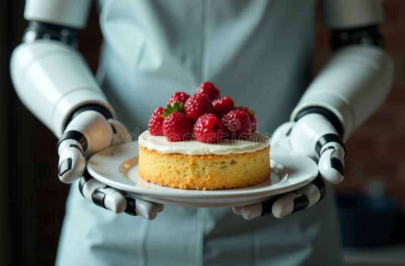 Robot Waiter Artificial Intelligence Hold Plate of Cake in Hand. AI ...