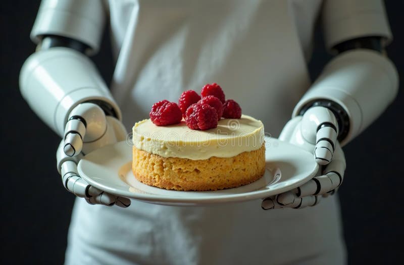 Robot Waiter Artificial Intelligence Hold Plate of Cake in Hand. AI ...