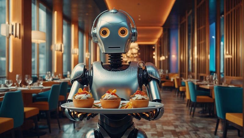 Robot Waiter in a Restaurant Stock Illustration - Illustration of robot ...