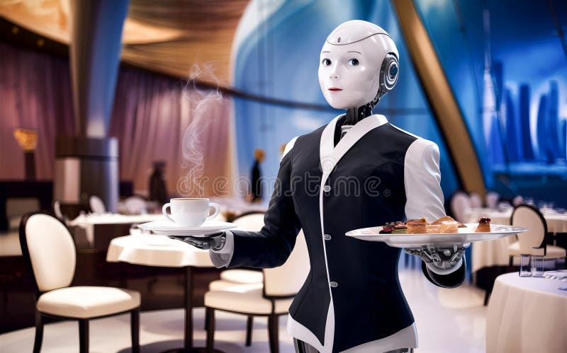Robot waiter in restaurant stock illustration. Illustration of ...