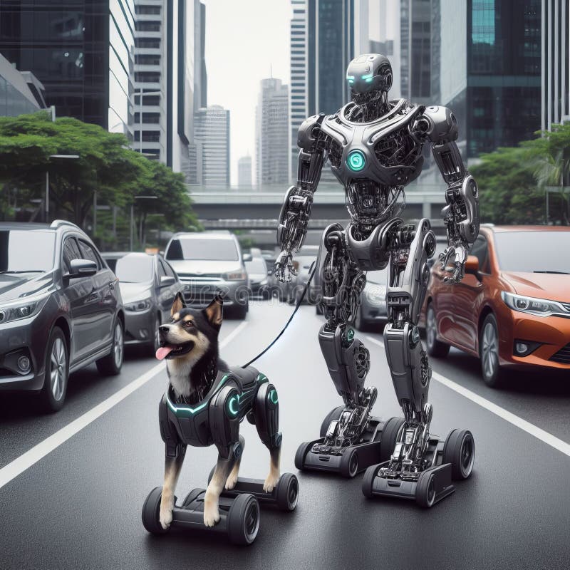 Robot Walking with a Dog in the City Stock Illustration - Illustration ...