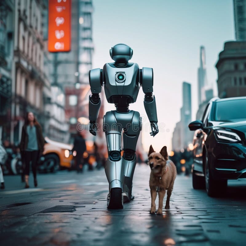 A Robot Walking a Dog in a Futuristic City, AI Generation Stock ...