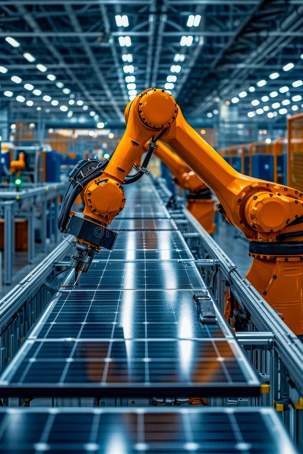 Robot is Walking Down Long Assembly Line in Factory with Another Robot ...