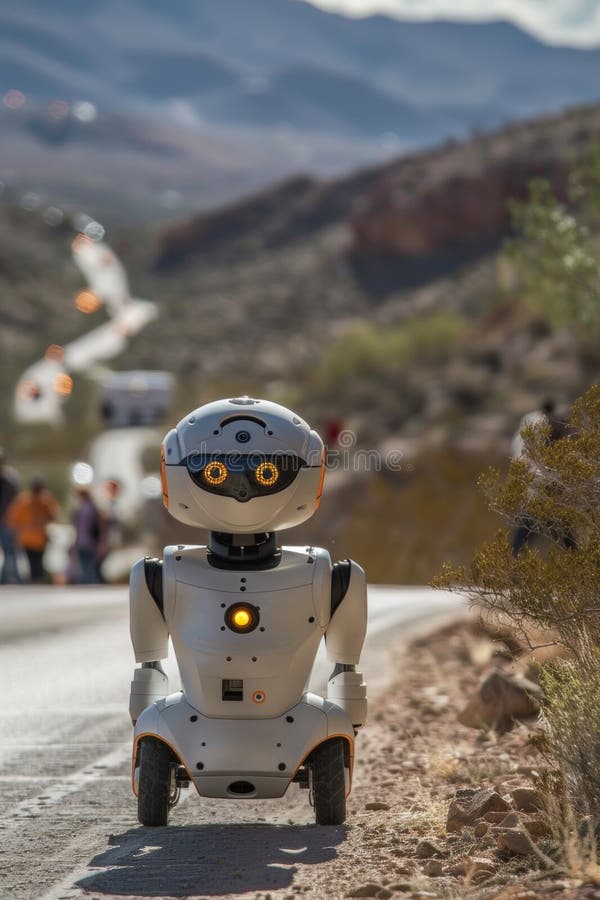 A Robot Walking Down a Road with People in the Background, AI Stock ...