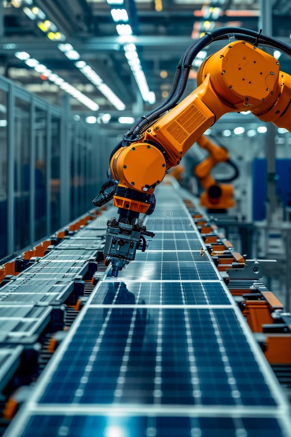 Robot is Walking Down Solar Panel Assembly Line in Factory. Generative ...