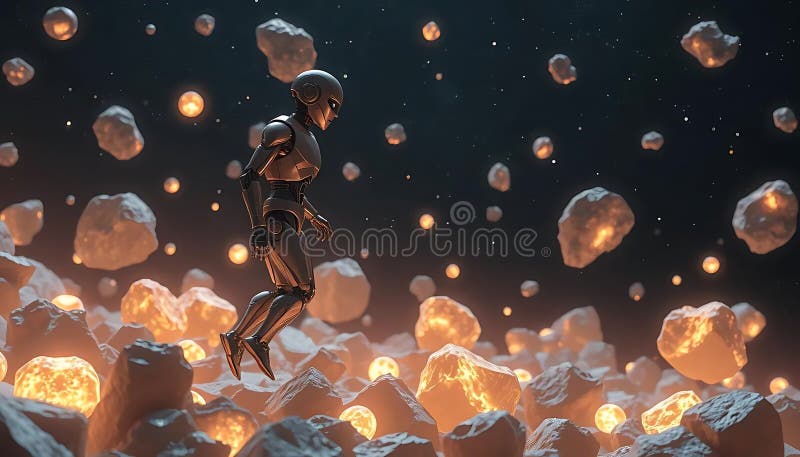 Robot Walking on Glowing Rocks in Space Art Stock Illustration ...