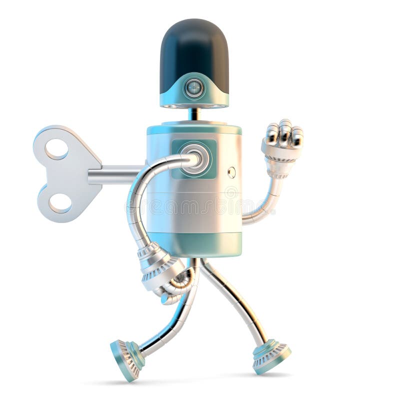 Robot Walking with Wind Up Key in His Back. 3D Illustration Stock ...