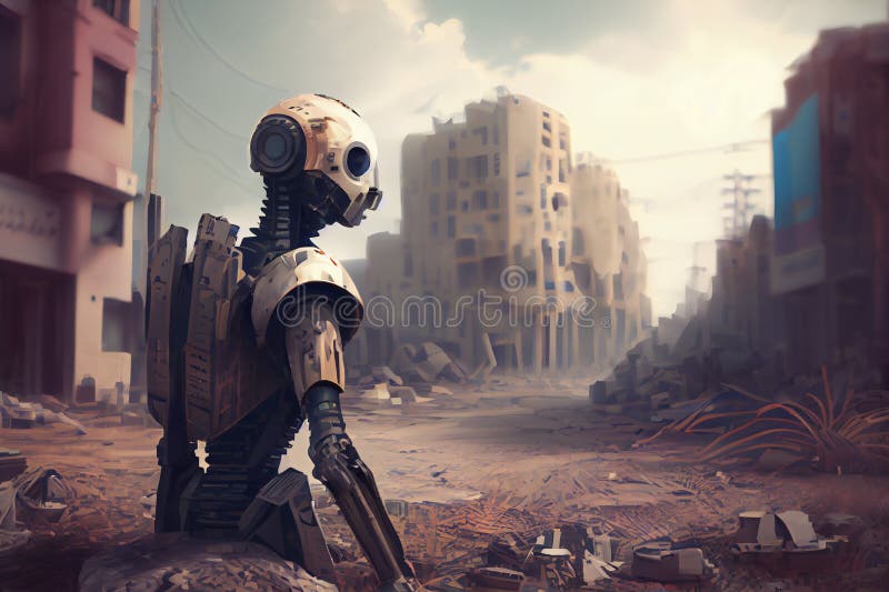 Robot Walks through the Ruined City. AI Generated Stock Illustration ...
