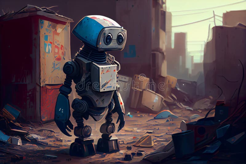 Robot Walks through the Ruined City. AI Generated Stock Photo - Image ...