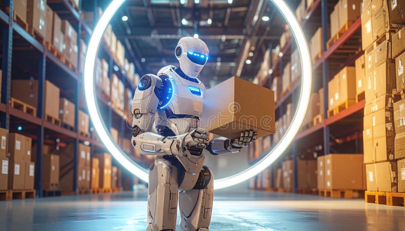 Robot in a Warehouse Handling Packages Under LED Lights Representing ...