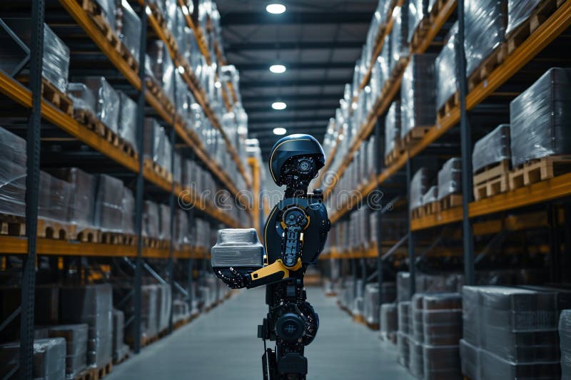 Robot on Warehouse, Holding Boxes in His Hands, Blurred Background ...