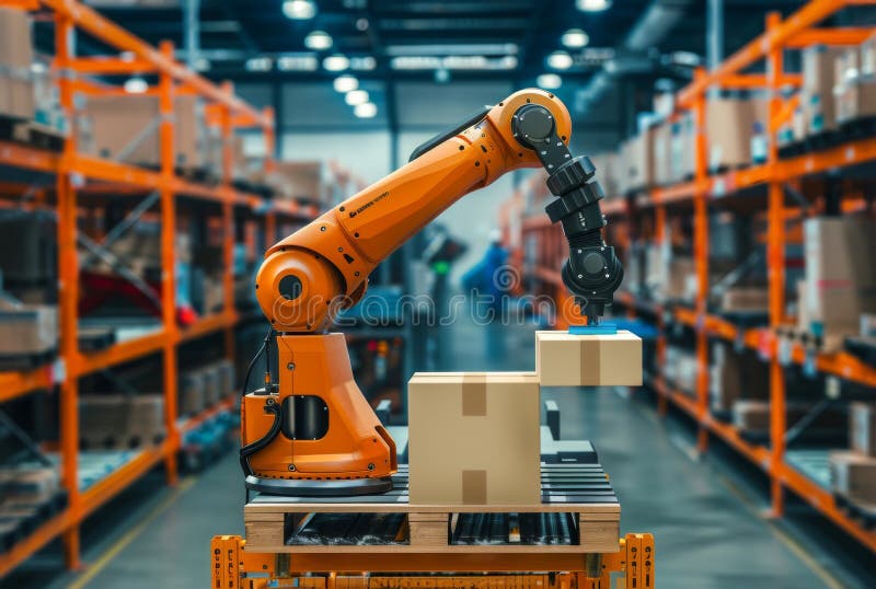 A Robot is in a Warehouse, Picking Up a Box Stock Illustration ...