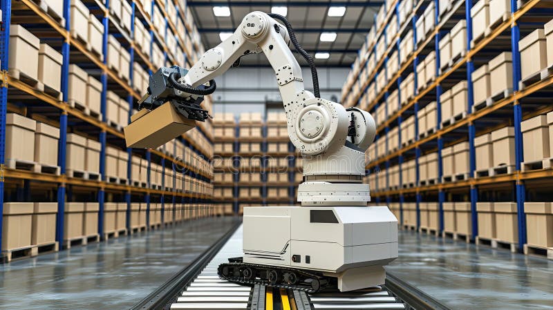 A Robot is in a Warehouse, Picking Up a Box Stock Image - Image of ...